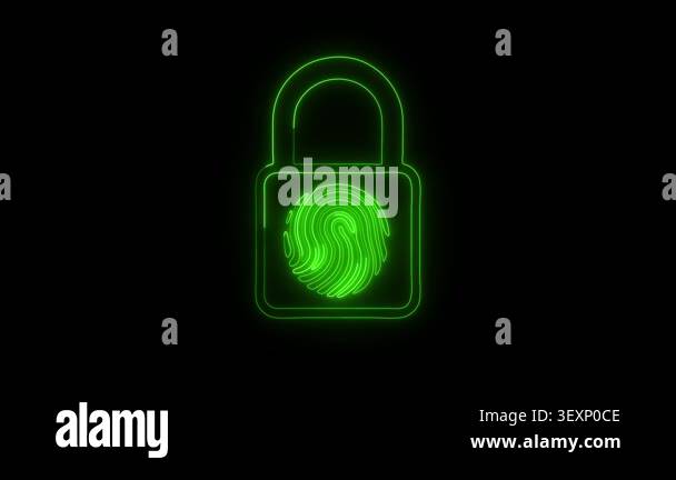 Green neon fingerprint padlock icon animation for digital security and ...