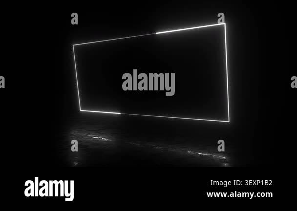 Glowing neon rectangle frame animation on dark reflective surface Stock ...