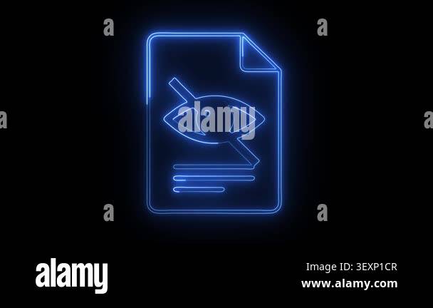 Blue neon outline of a document icon with crossed-out eye, data privacy ...