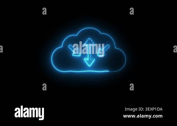 Glowing blue neon cloud icon with arrows, represent data transfer ...