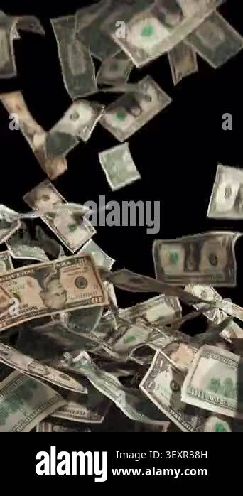 US dollar bills fall into the frame, gradually covering the entire ...