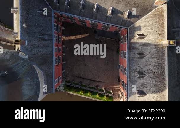 Aerial views capture a historic castle in the Ardennes Belgium. Observe ...