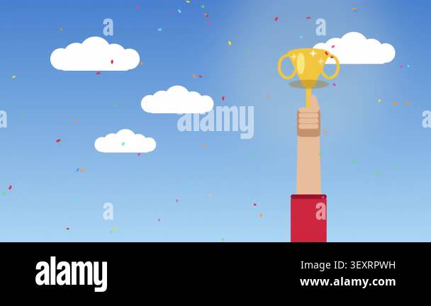 Hand Raising Gold Trophy in Sky with Confetti Stock Video Footage - Alamy