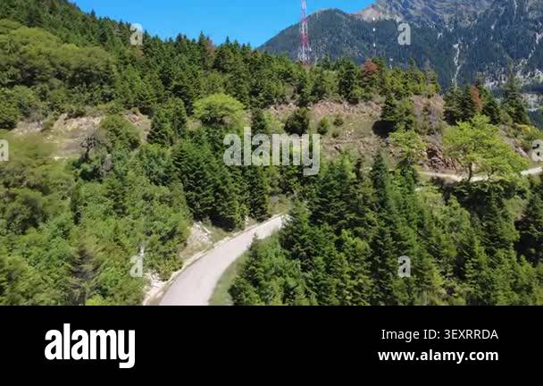 Aerial wide angle view focused on a telecommunications tower installed ...