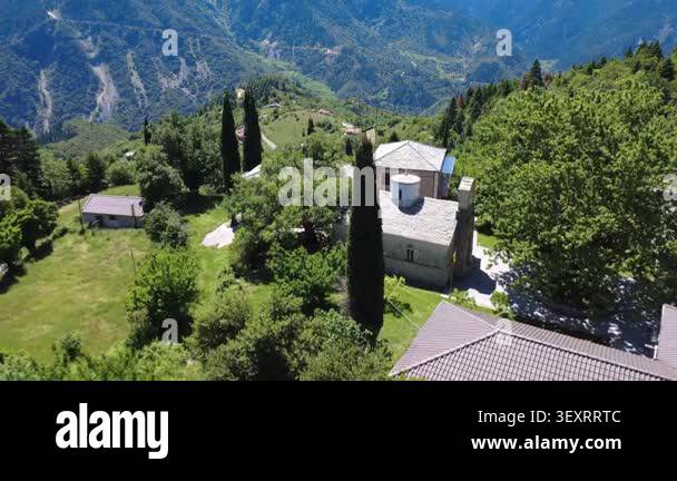 Aerial shot of a historic Christian religious site overlooking a canyon ...
