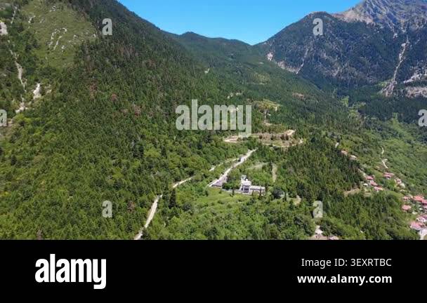 Aerial panoramic view of a traditional Byzantine Christian monastery ...