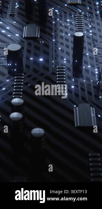 Cinematic fly-through over a modern computer motherboard with glowing ...