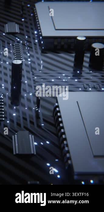 Cinematic fly-through over a modern computer motherboard with glowing ...