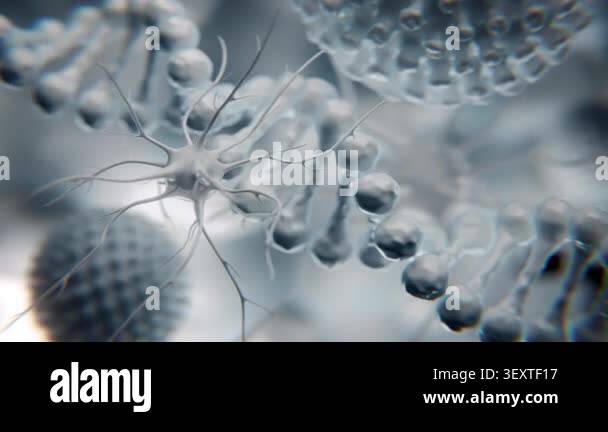 DNA is destroyed by viruses. 3D motion graphic of a nerve cell with ...