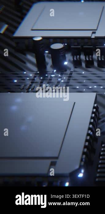 Cinematic fly-through over a modern computer motherboard with glowing ...