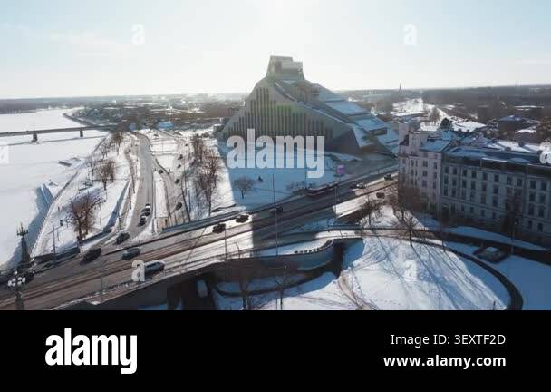 Aerial view of Riga in winter shows the National Library of Latvia, the ...