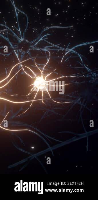 3D animation of a neural network with glowing neurons firing electrical ...