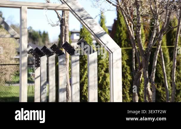 Construction of a wooden greenhouse frame in a backyard, with black ...