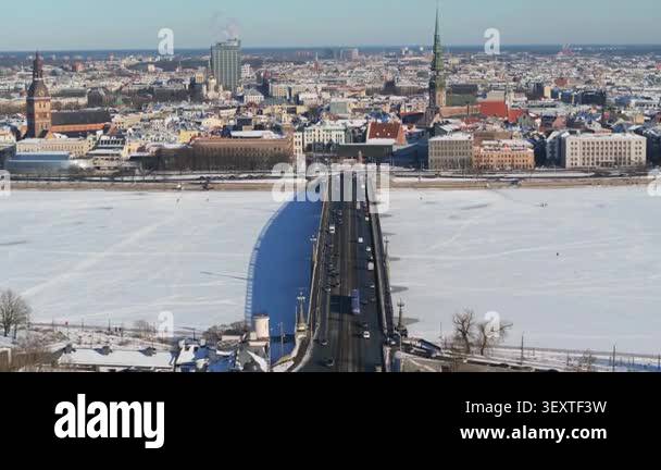 Aerial view of central Riga, Latvia in winter. Frozen Daugava River ...