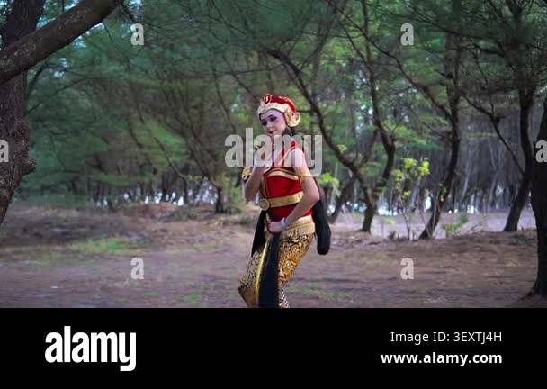 Traditional performer in ornate red and gold costume walks and gestures ...