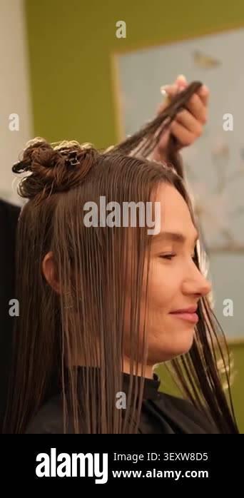 Professional hairstylist dyeing the hair of a smiling female client ...
