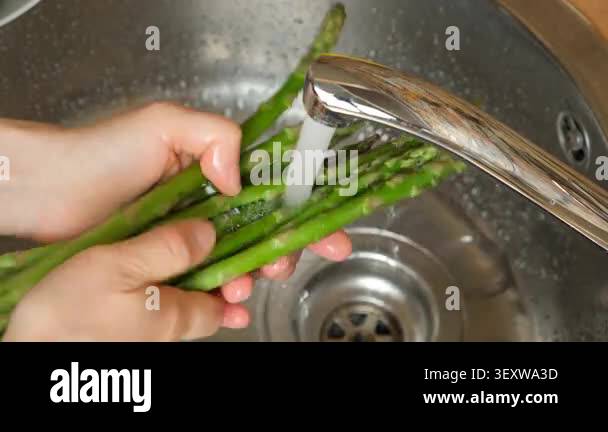 Hands washing fresh green asparagus under kitchen faucet water stream ...