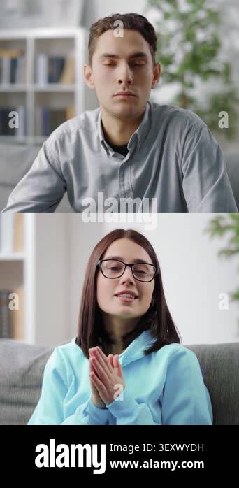 Two individuals are talking on a split screen during a casual chat at ...