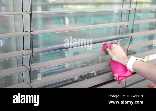 Woman cleaning dust from exterior aluminum window blinds with a ...