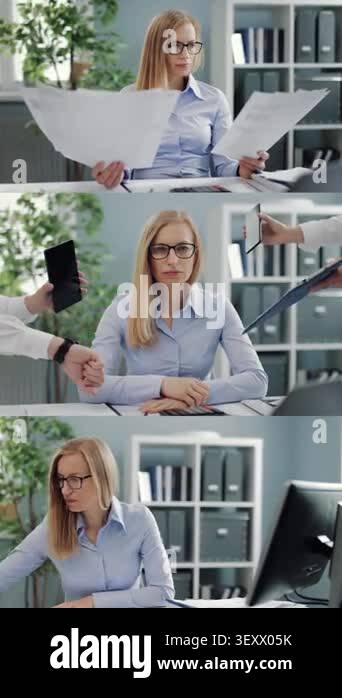 Woman arranges papers and types on a laptop while focused on the task ...