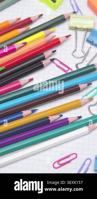 Back to School Workspace with an Exercise Book, Colored Pencils, Pens ...