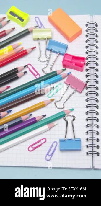 School Supplies Flat Lay with an Exercise Book, Colored Pencils, Pens ...