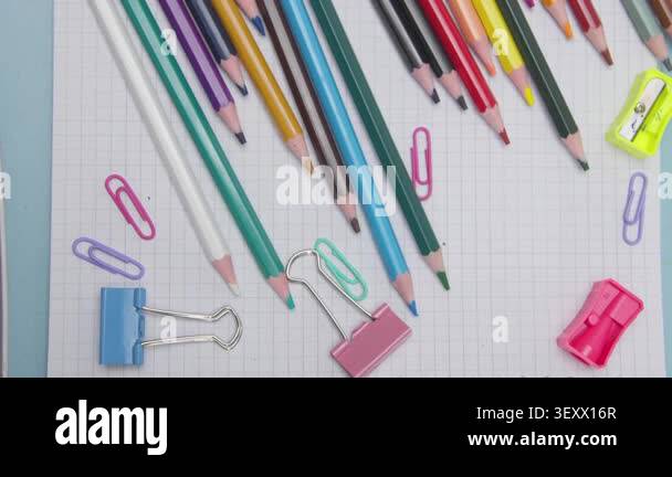 Back to School Background with an Open Exercise Book, Colored Pencils ...