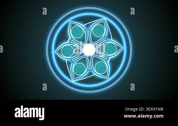 A neon blue floral mandala glows against a dark background in this ...