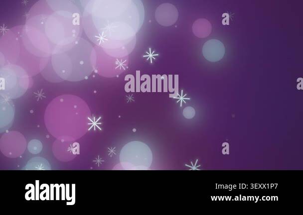 Animation of snow flakes falling, over pink, purple, grey and white ...