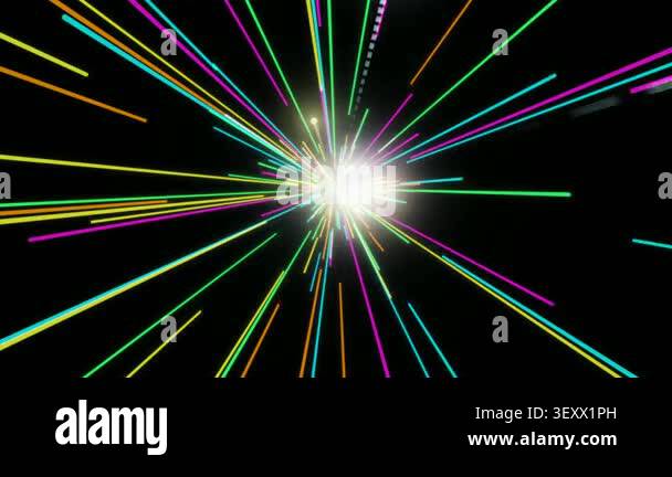 A seamless looping animation of colorful glowing light trails radiating ...