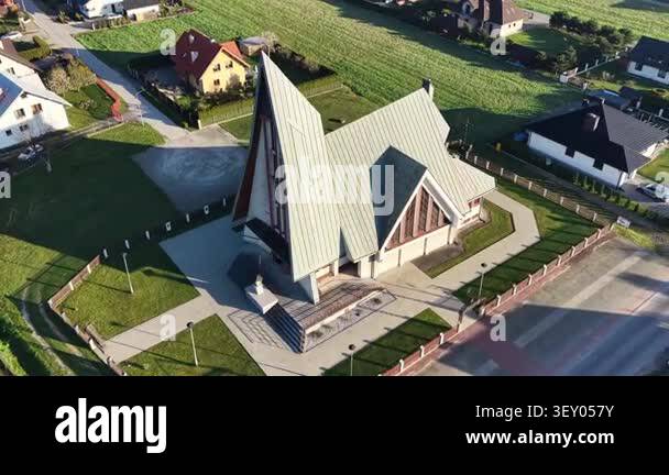 Religious building with sharp rooflines from an aerial perspective ...