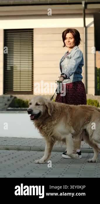 Stylish Woman Walks With A Golden Retriever Dog Along A Sidewalk By ...