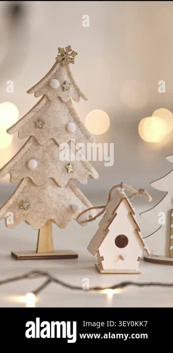 New Year Wooden Christmas Tree Decorations Composition On A Table In ...