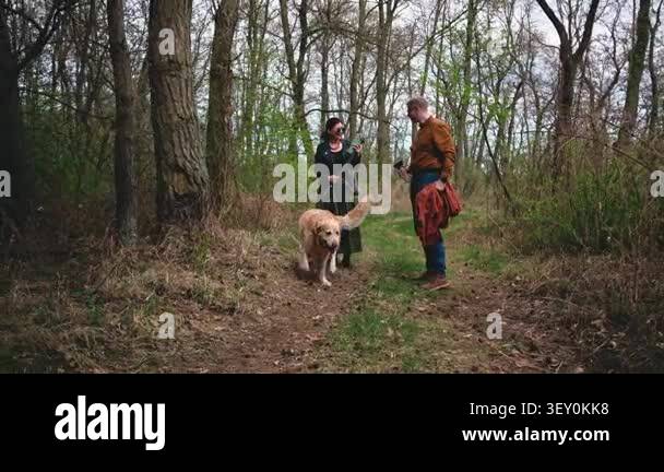Two people walk along a path in the woods with a golden retriever dog ...
