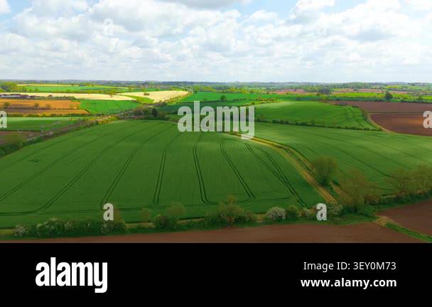 Aerial cereal crop fields beside rail corridor across productive ...