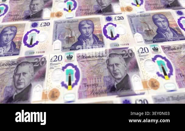 Seamless looping animation of stacked British 20 pound banknotes ...