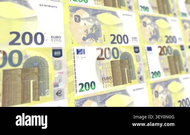 Seamless looping animation of stacked 200 euro banknotes, horizontal ...