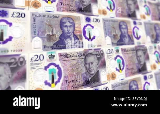 Seamless looping animation of stacked British 20 pound banknotes ...