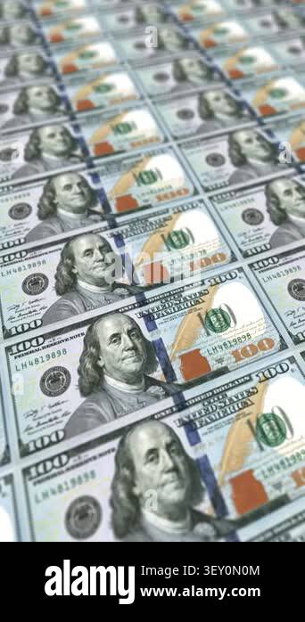Seamless looping animation of stacked US 100 dollar banknotes, vertical ...