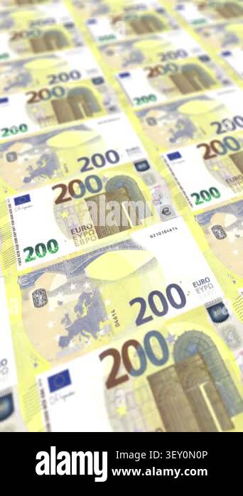 Seamless looping animation of stacked 200 euro banknotes, horizontal ...