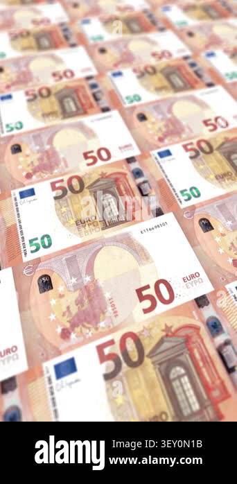 Seamless looping animation of stacked 50 euro banknotes, vertical ...