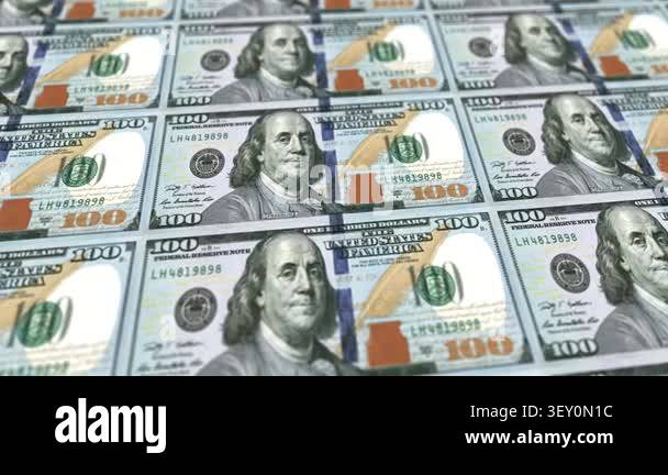 Seamless looping animation of stacked US 100 dollar banknotes ...