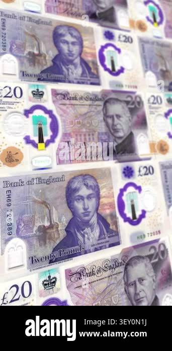 Seamless looping animation of stacked British 20 pound banknotes ...