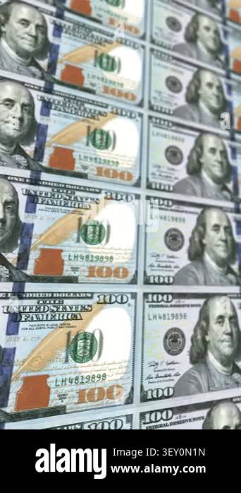 Seamless looping animation of stacked US 100 dollar banknotes, vertical ...