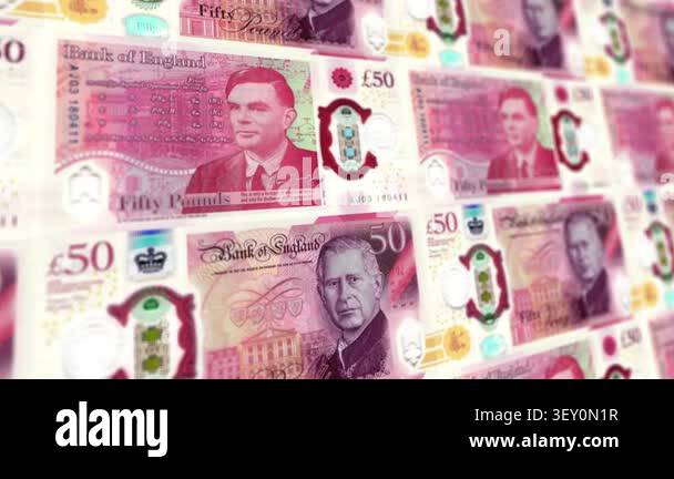 Seamless looping animation of stacked British 50 pound banknotes ...