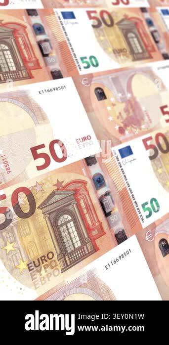 Seamless looping animation of stacked 50 euro banknotes, vertical ...