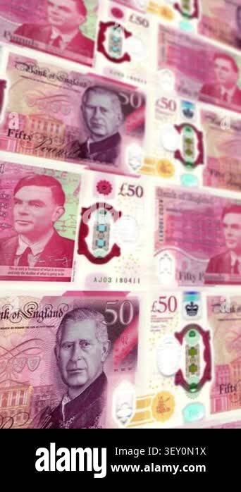 Seamless looping animation of stacked British 50 pound banknotes ...