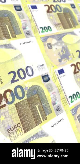 Seamless looping animation of stacked 200 euro banknotes, horizontal ...