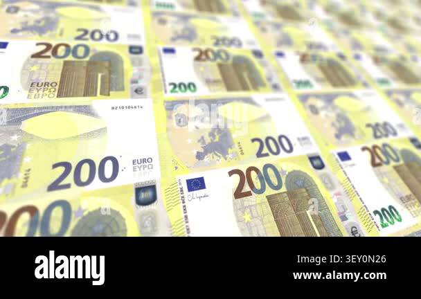 Seamless looping animation of stacked 200 euro banknotes, horizontal ...