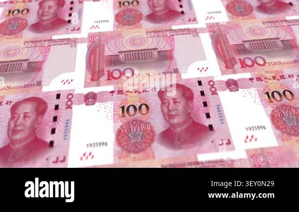 Seamless looping animation of stacked Chinese 100 yuan banknotes ...